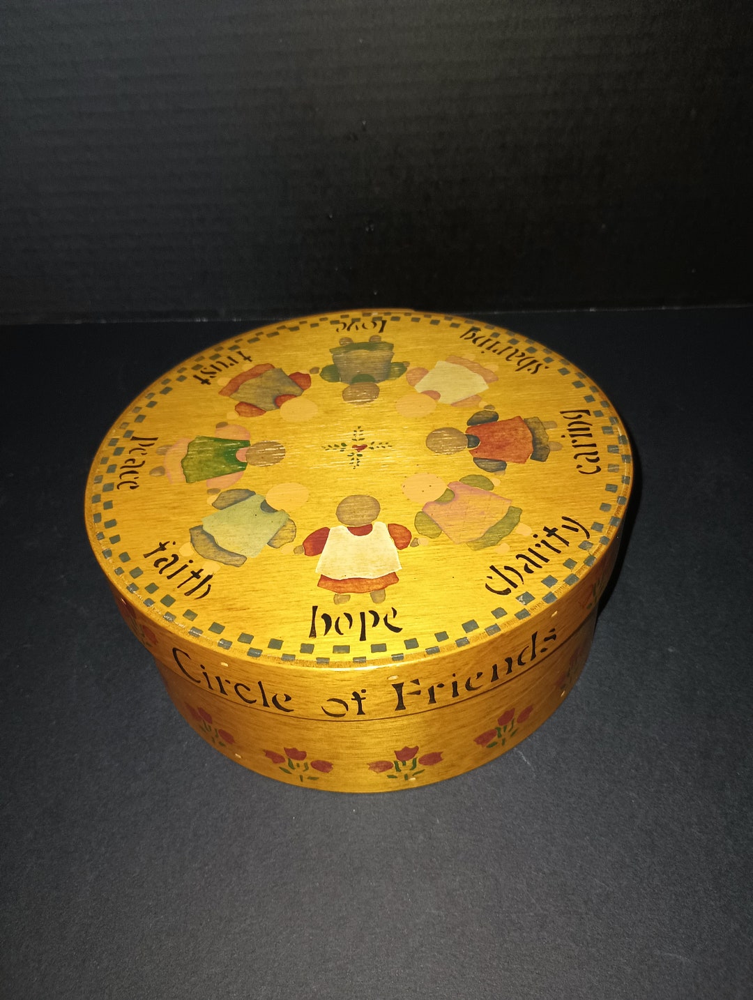 Vintage Wooden Cheese Box Hand Crafted Stenciled Design Children Tulips ...