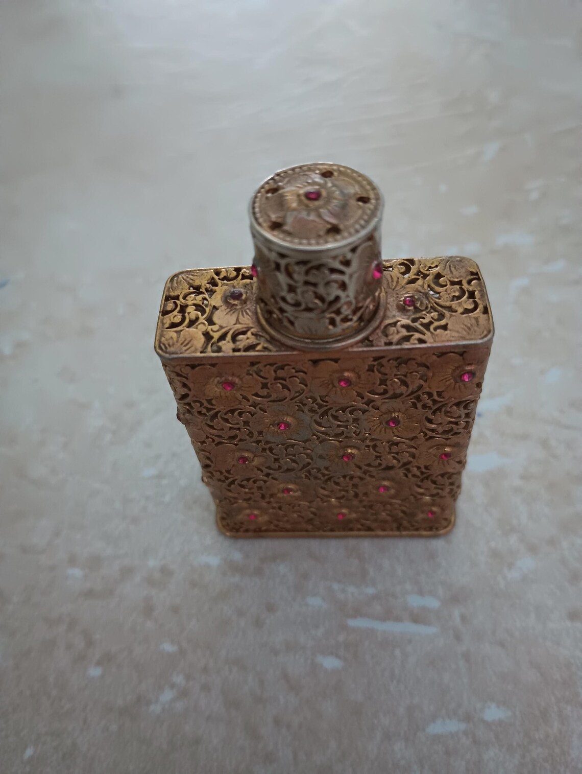 Vintage Schiaparelli French Perfume Bottle Filigree Brass Floral Casing ...