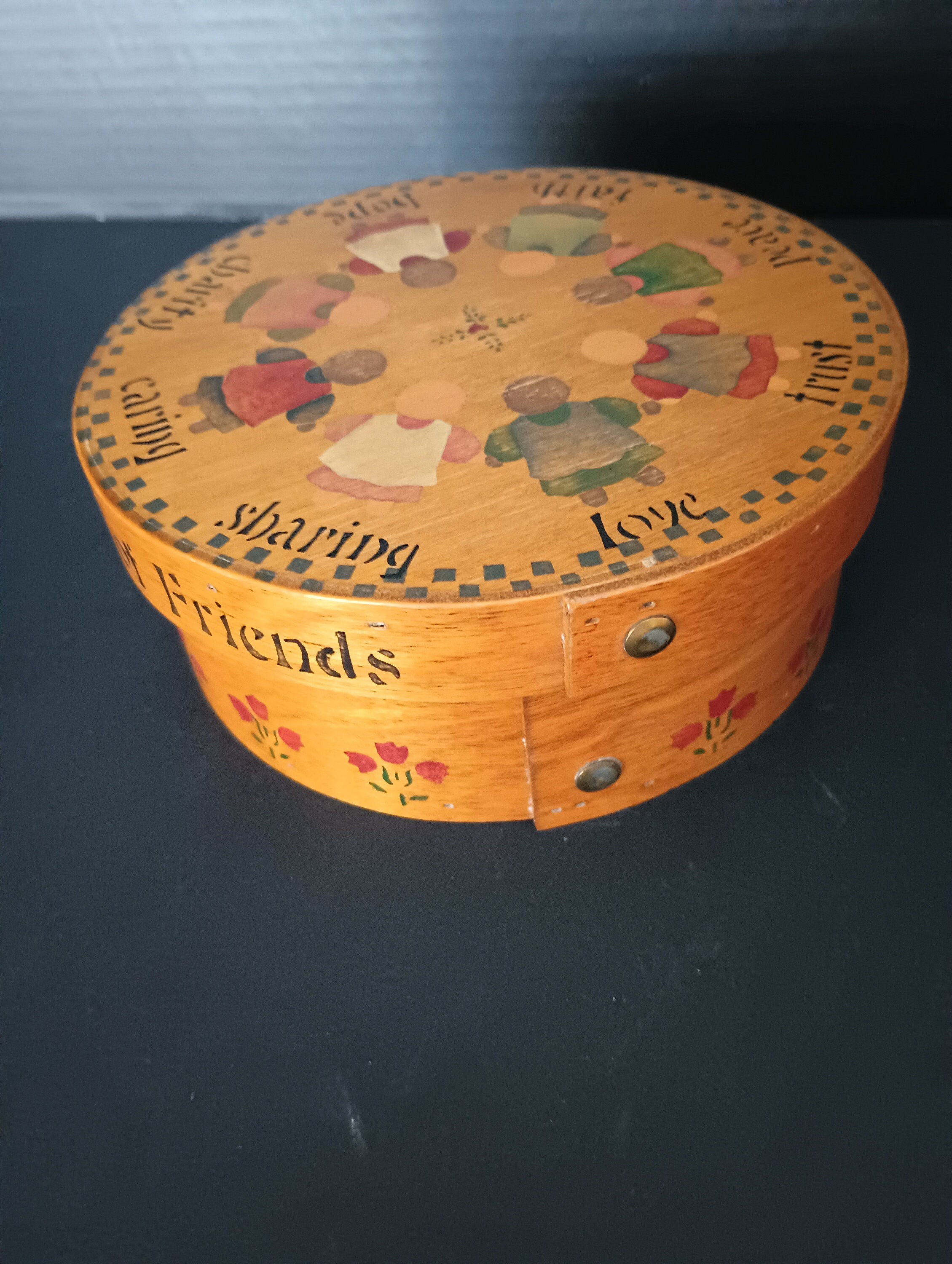 Vintage Wooden Cheese Box Hand Crafted Stenciled Design Children Tulips ...