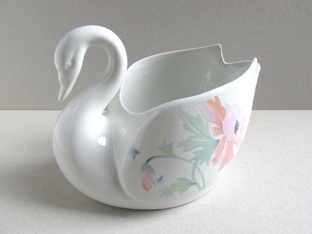 1980s Royal Winton Pottery Swan Bowl or Vase, White With Pink Poppy ...