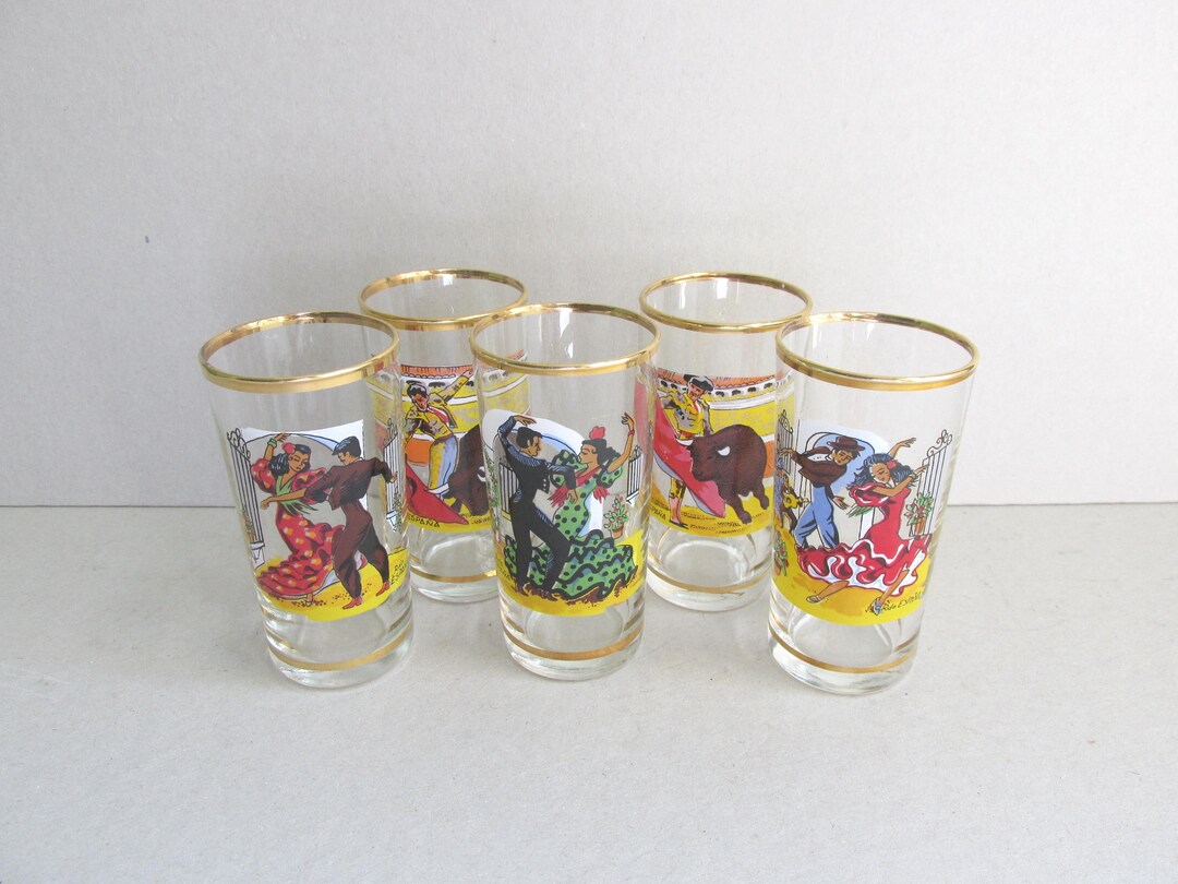 Set of 5 Vintage Small Drinks Glasses, Spanish Flamenco Dancers and ...