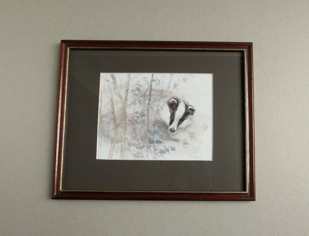 Vintage Badger Art Print by Mads Stage, Small Picture in Wooden Frame ...