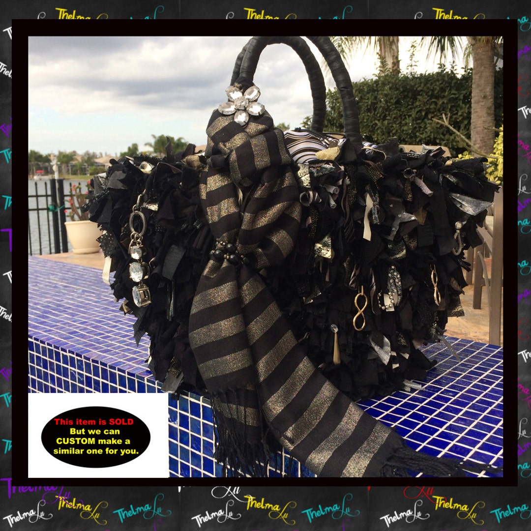 Large Fringe Handbag, Black & Golds ,unique, One of a Kind,drawstring ...