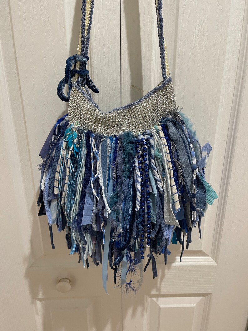 Blue Mixed Bag,hippie Bag,fringed Handbag,custom Fringe Bag,fabric ...