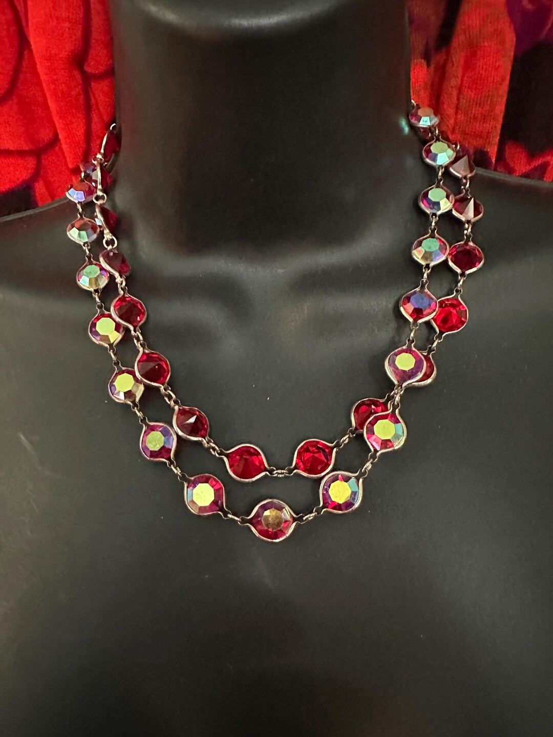 Long Strand of Iridescent Channel Set Stones Circa 1970 in Gold Metal ...