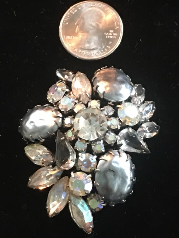 1950s grey and iridescent rhinestone brooch, pin - Gem