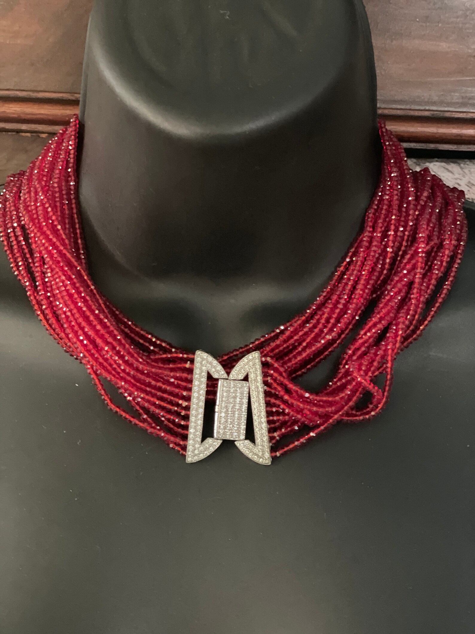 Art Deco Red Cut Crystal Necklace With Sterling Pave Rhinestone Clasp ...
