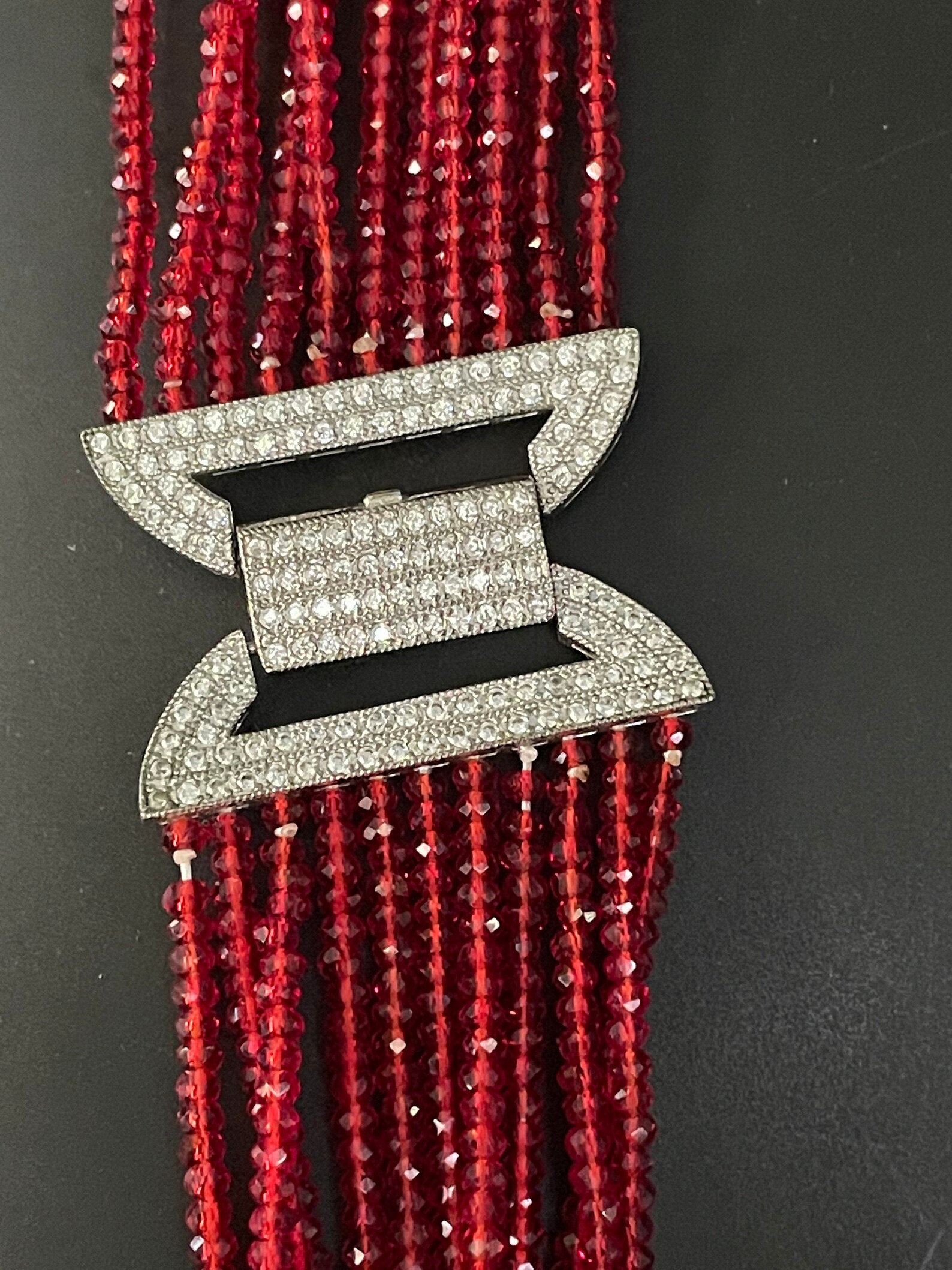 Art Deco Red Cut Crystal Necklace With Sterling Pave Rhinestone Clasp ...