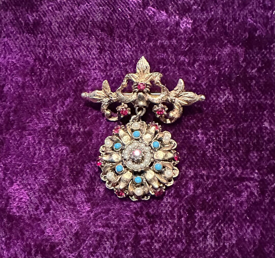 Regal Brooch With Pearls Rubies and Turquoise Glass Stones Reminiscent ...