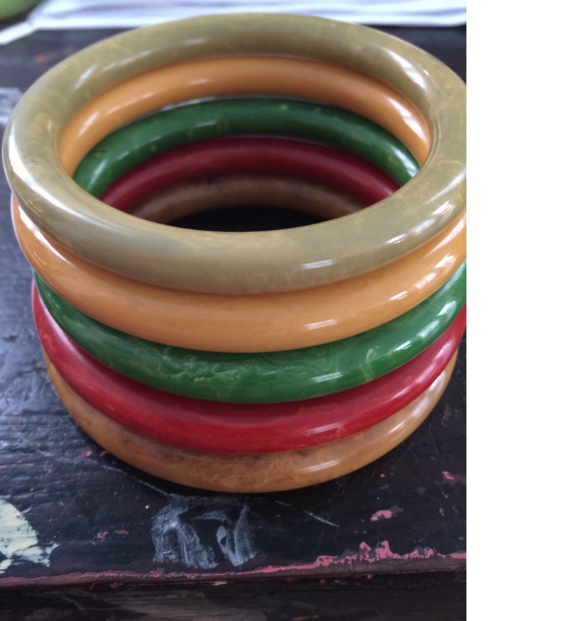 Five Bakelite Bangles in Red,green,caramel,pea Green,and Cream Corn ...