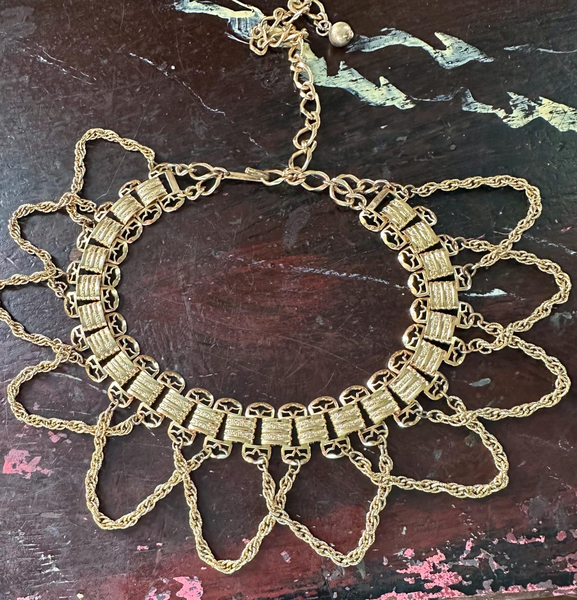 Gold Chain Drape 1960s Chocker or Nape Necklace With Stamped Segments ...