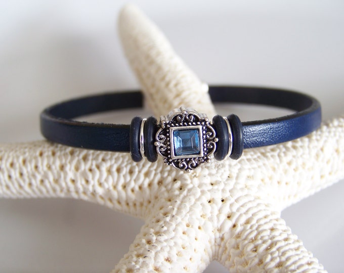 Dark Blue Leather Crystal Focal Bracelet Item R5774 - Etsy