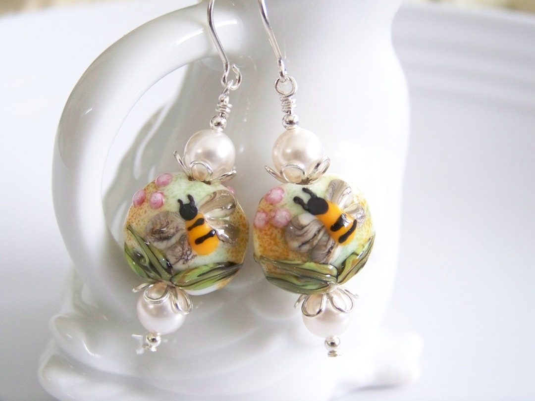 Bumble Bee Artisan Lampwork and Pearl Earrings - Item E1921 - Etsy