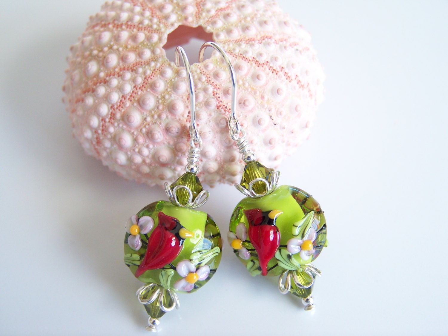 Artisan Lampwork Cardinal Bird and Crystal Earrings (green) - Item ...