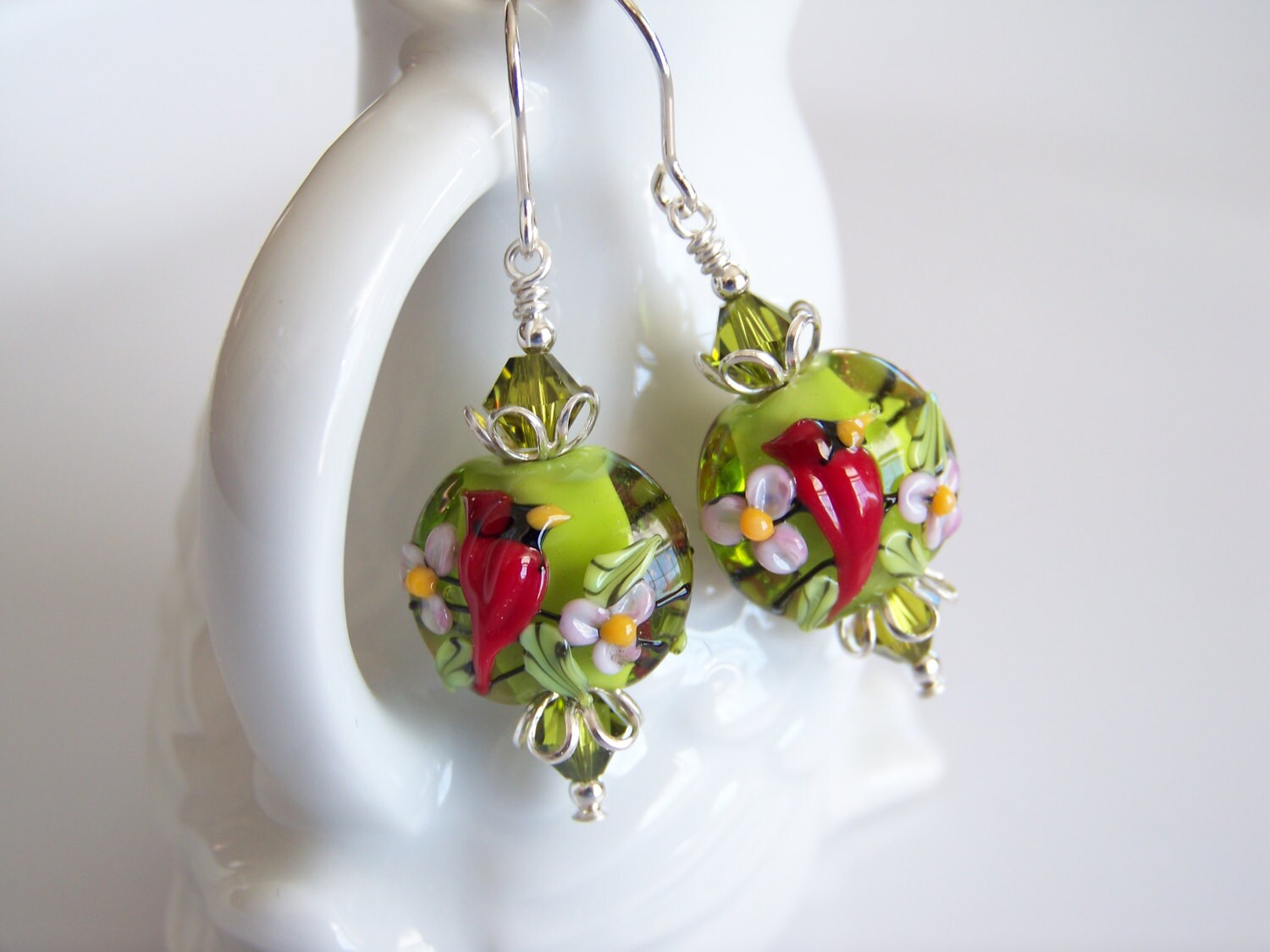 Artisan Lampwork Cardinal Bird and Crystal Earrings (green) - Item ...