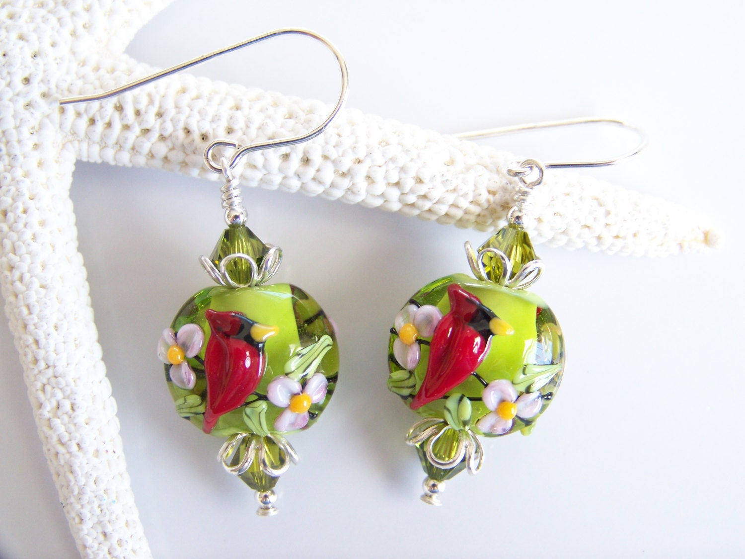 Artisan Lampwork Cardinal Bird and Crystal Earrings (green) - Item ...