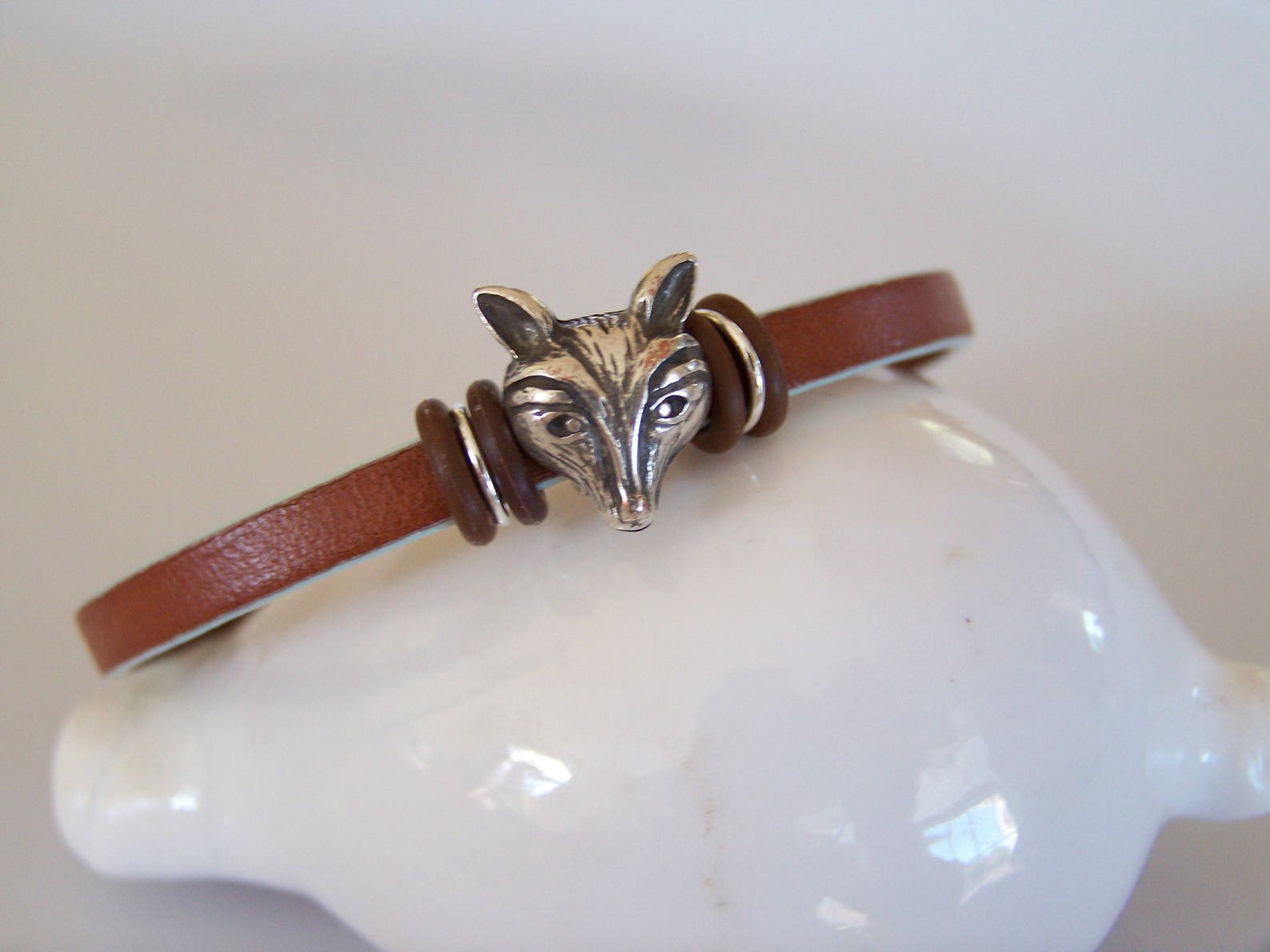 Brown Leather Fox Face Focal Bracelet Item R7463 - Etsy
