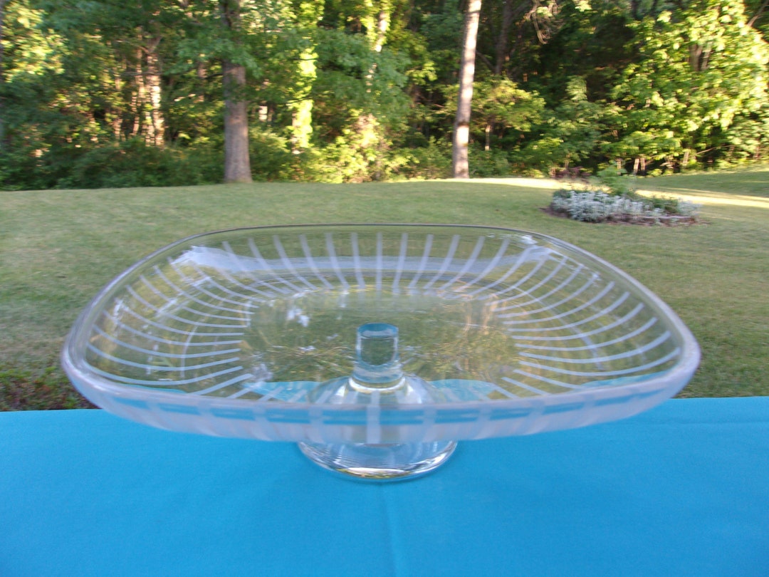 Vintage Crystal Cake Stand, Square Cake Stand With Stripes, Made by ...