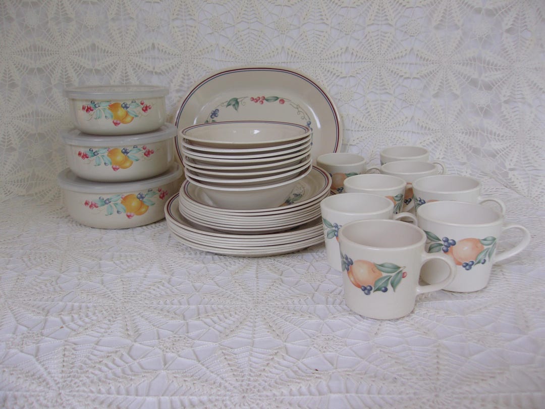 Vintage Corelle Dinnerware Set Abundance Fruit Pattern 39 Pc Set ...