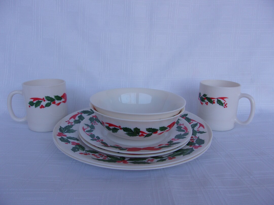 Vintage Acropal Dinnerware, Pattern Holly and Bows, Christmas ...