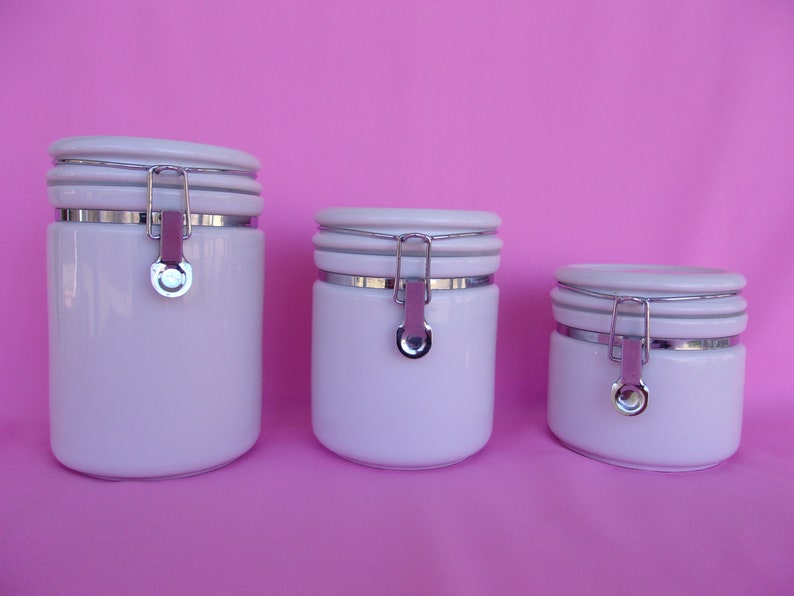 Vintage Dansk, White Canister Set, Locking Lids, Silver Hardware, Set ...