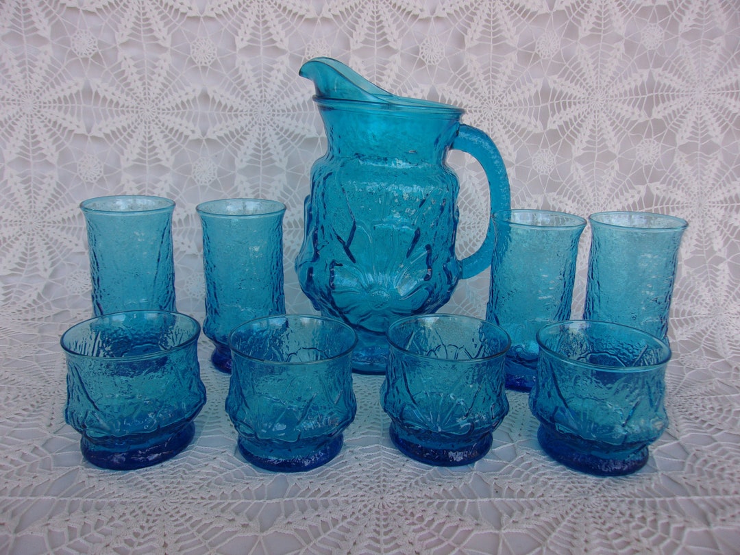 Vintage Anchor Hocking, Beverage Set, Laser Blue, Rain Flower Pattern ...