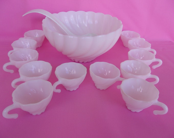Vintage Punch Bowl Set Hazel Atlas Alpine Pattern White Swirl Punch Bowl Ladle12 Cups Free