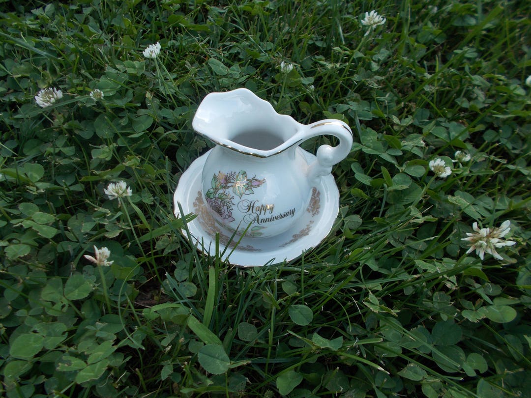 Vintage Enesco, Porcelain Miniature Pitcher and Bowl, Gold Trim ...