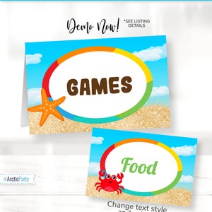Pool Party Labels - Beach Party Labels - Sandy Beach Buffet Tent Cards ...