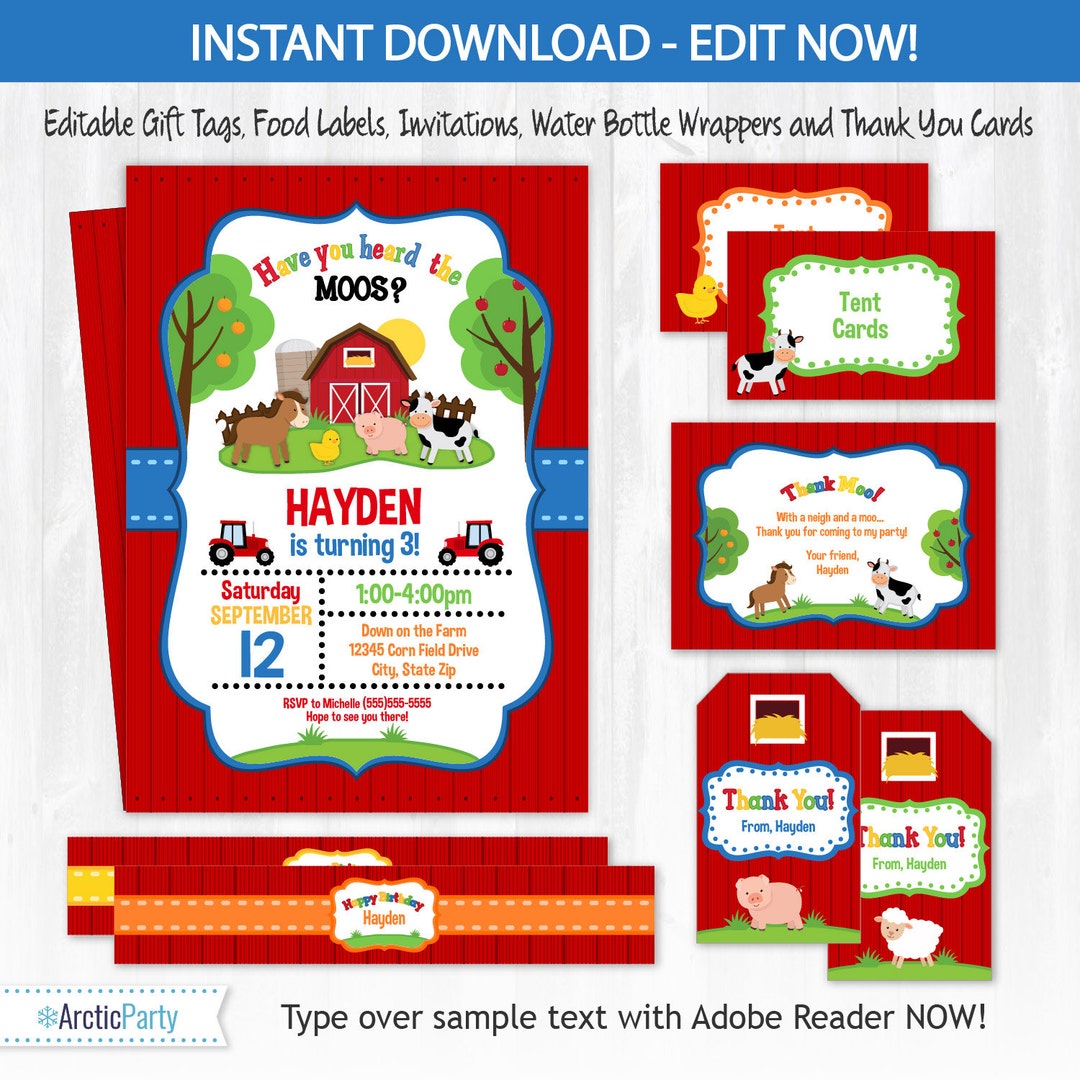 Farm Birthday Party Invitations - Farm Party - Farm Food Labels - Farm ...