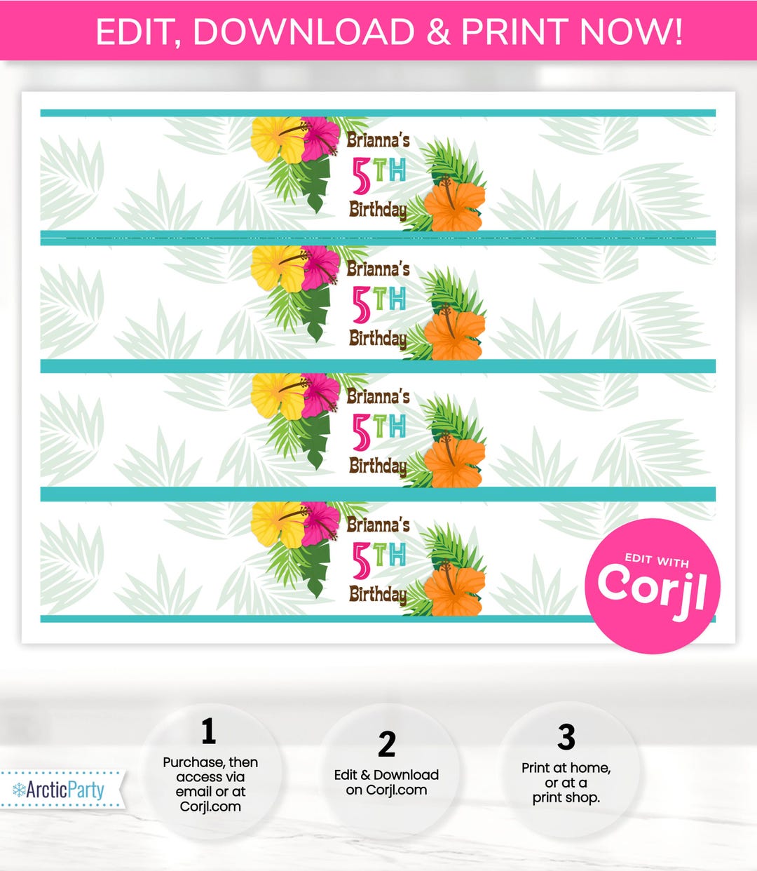 Luau Water Bottle Labels - Hawaiian Water Bottle Wrappers - Luau Party ...