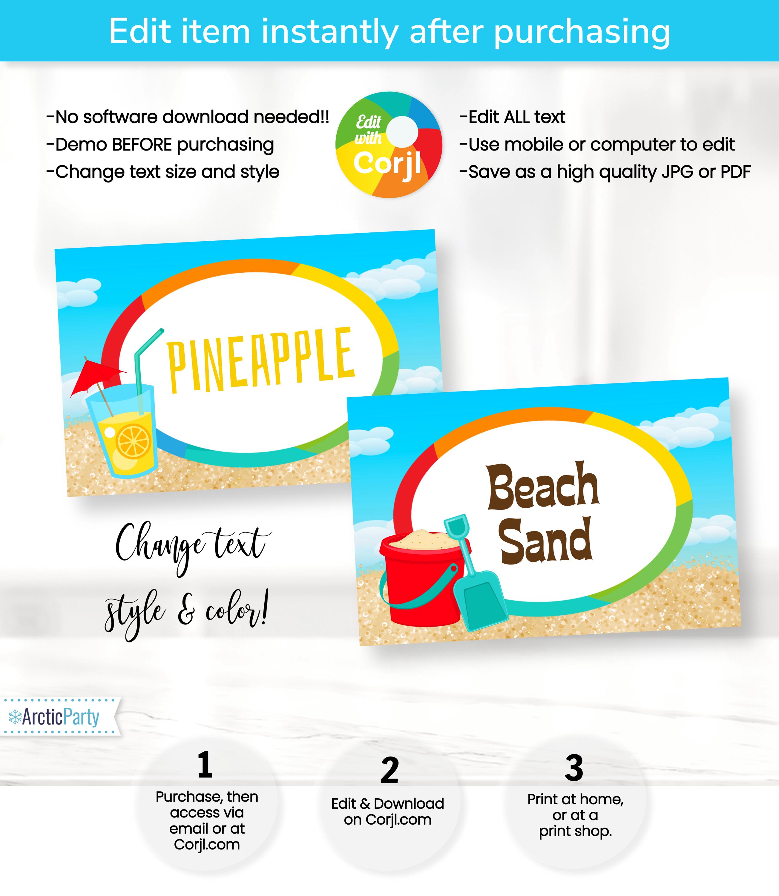 Pool Party Labels - Beach Party Labels - Sandy Beach Buffet Tent Cards ...
