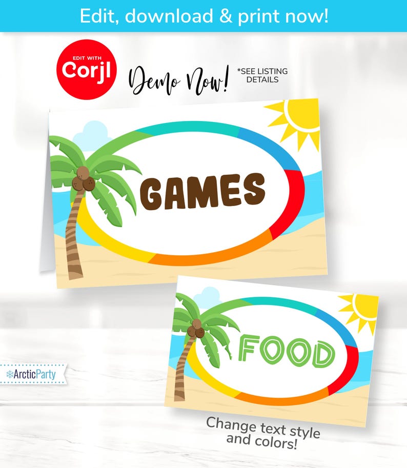 Beach Party Place Cards, Printable Beach Tent Cards – Beach Food Labels ...