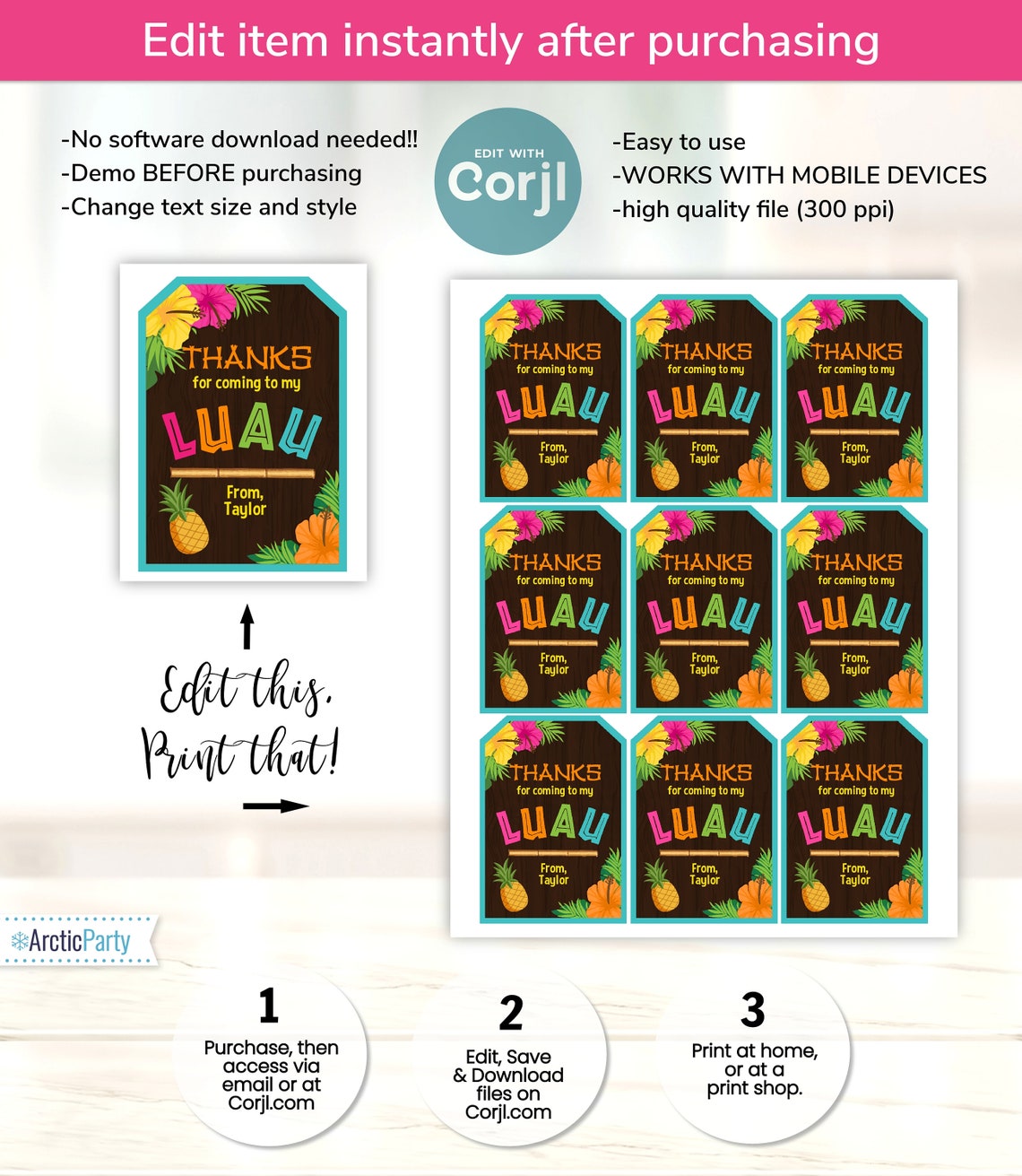 Luau Favor Tags, Luau Party Gift Tags, Printable Luau Favor Tags - Luau ...