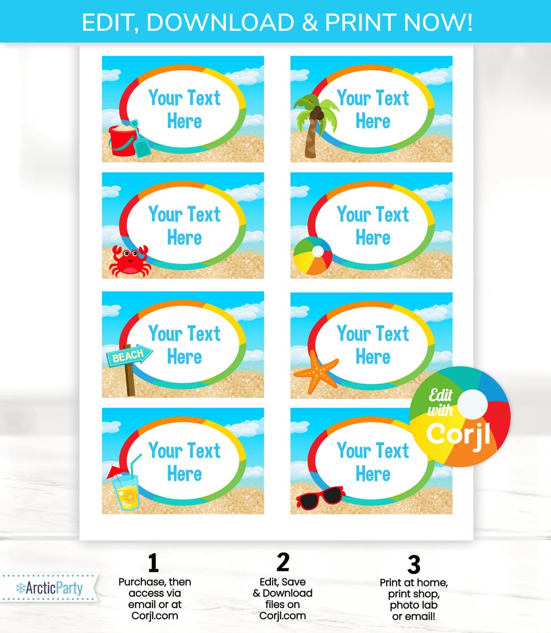 Pool Party Labels - Beach Party Labels - Sandy Beach Buffet Tent Cards ...