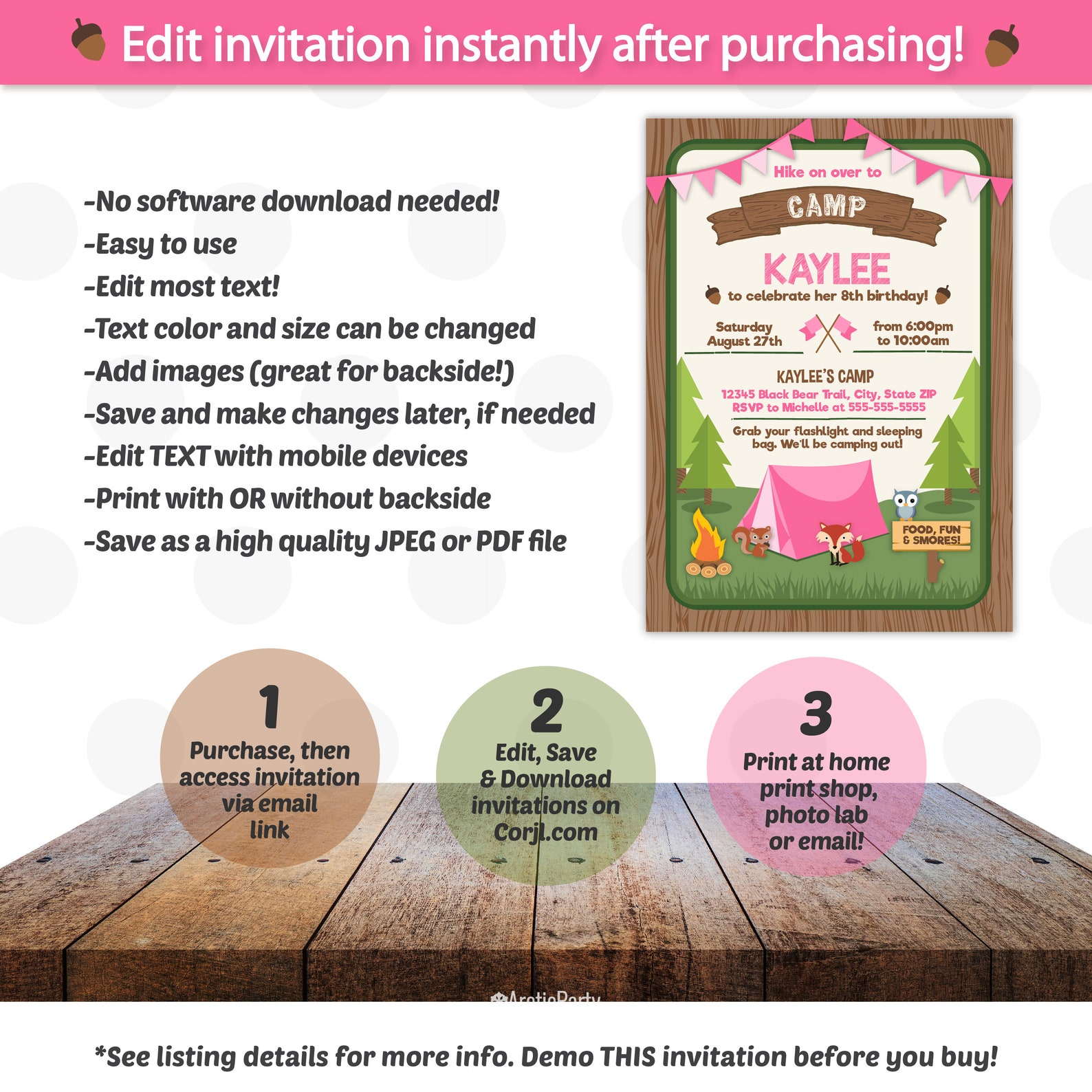 Camping Party Invitations for Girls Camping Birthday - Etsy