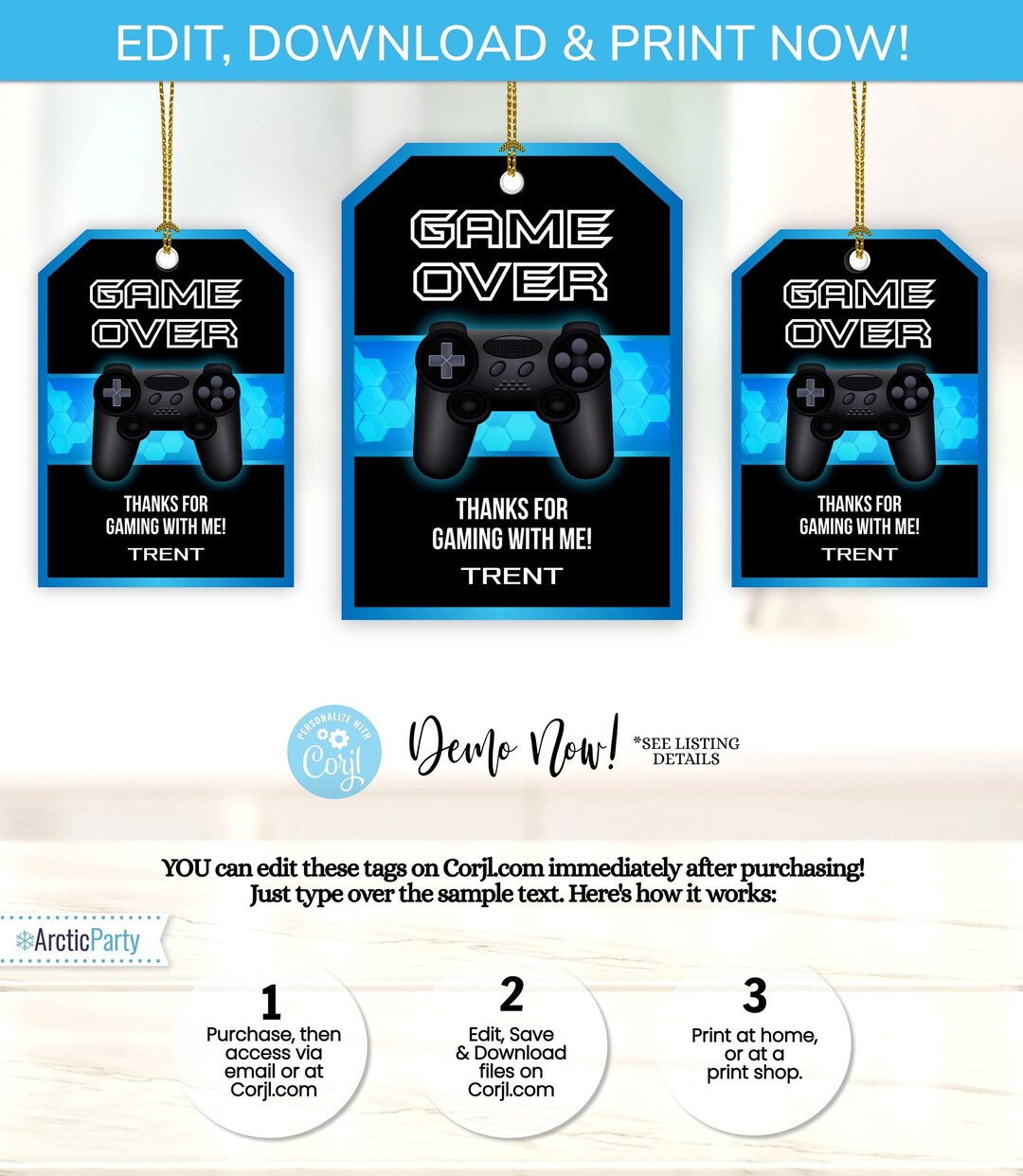 Blue Gaming Favor Tags, Gaming Party Gift Tags, Printable Video Game ...