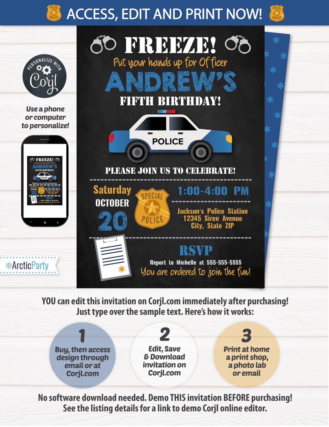 Police Birthday Invitations, Policeman Invitations, Police Party ...