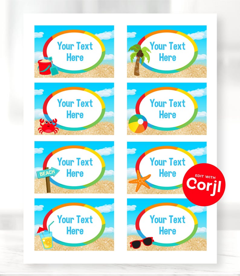 Pool Party Labels - Beach Party Labels - Sandy Beach Buffet Tent Cards ...