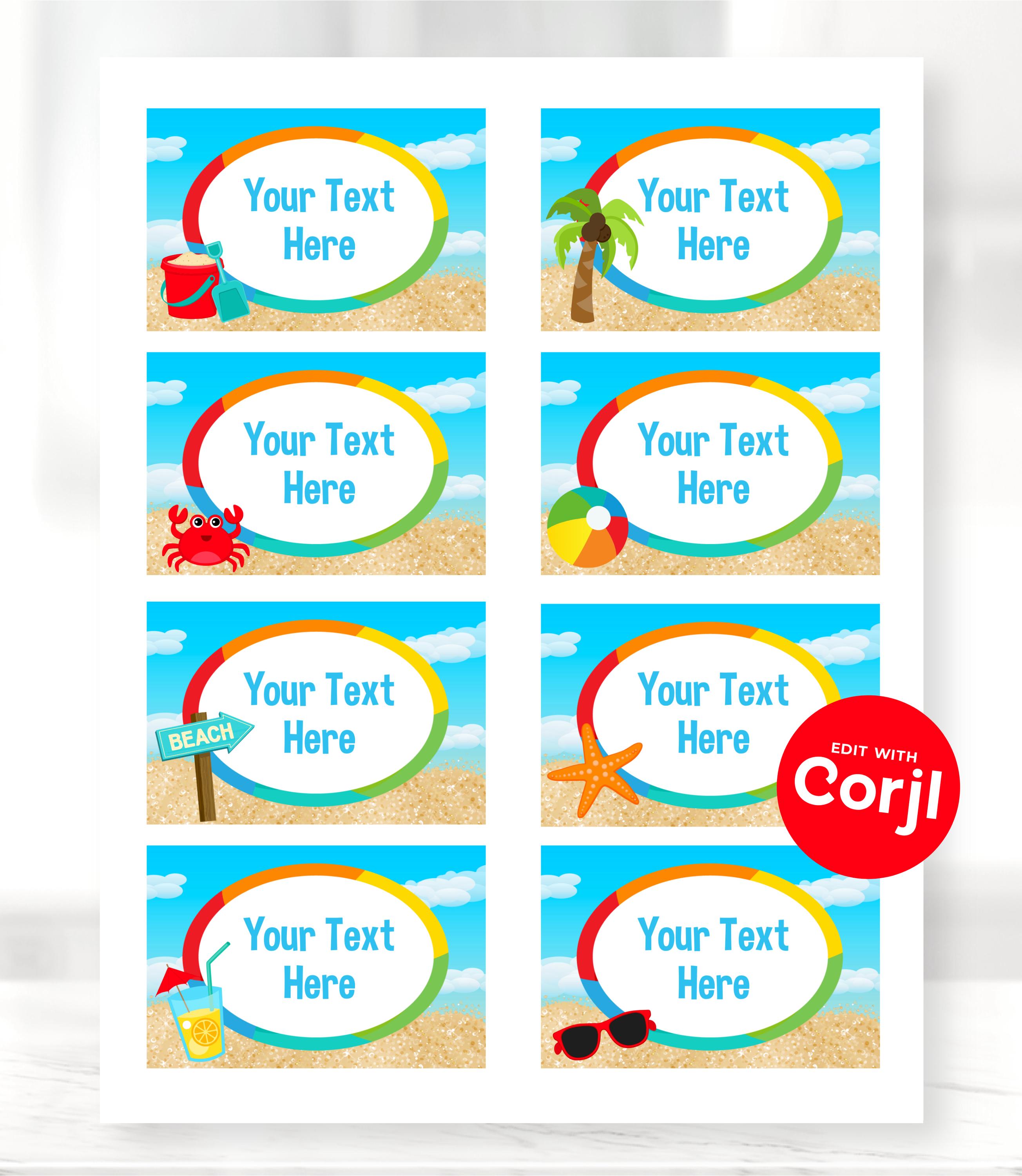 Pool Party Labels - Beach Party Labels - Sandy Beach Buffet Tent Cards ...