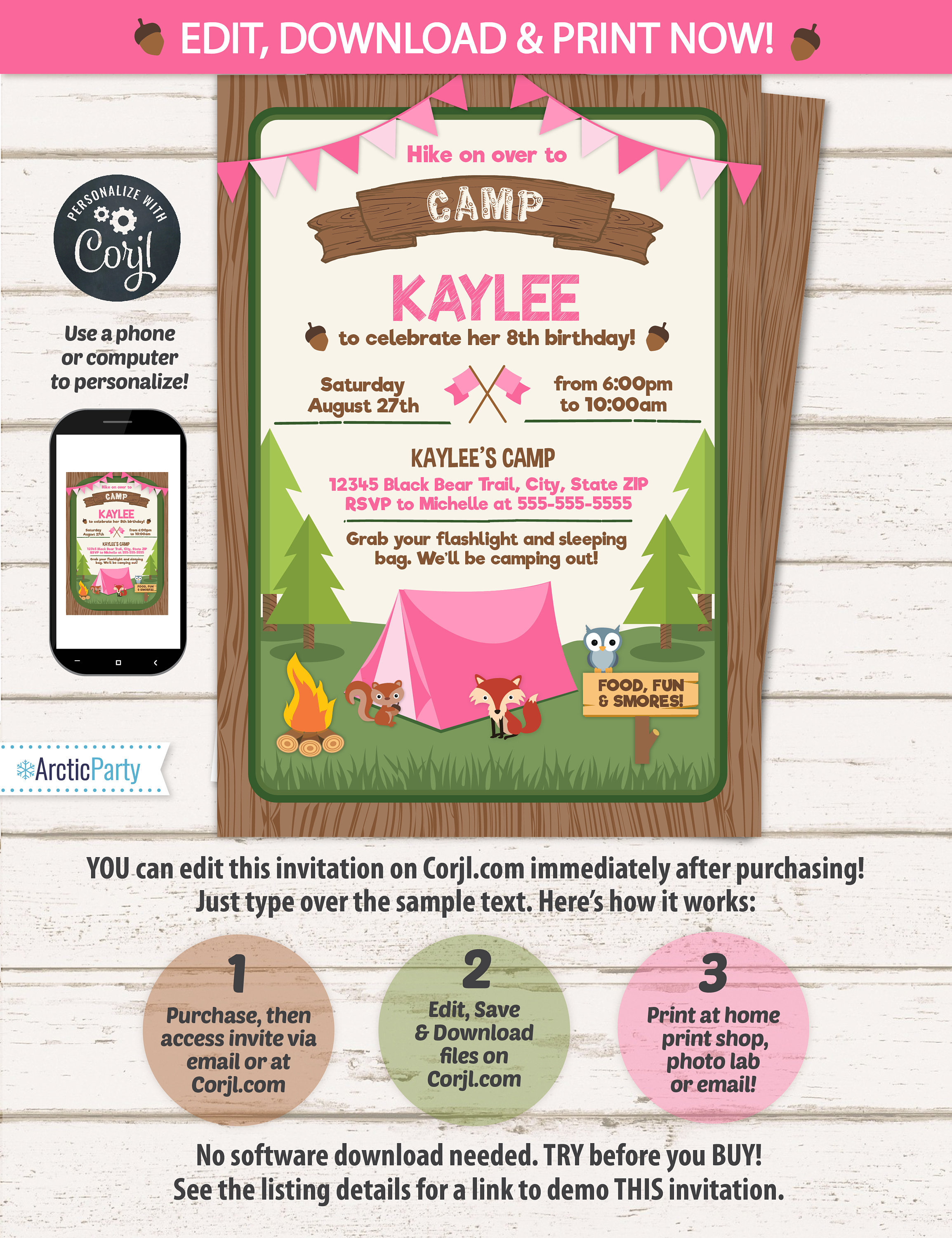 Camping Party Invitations for Girls Camping Birthday | Etsy