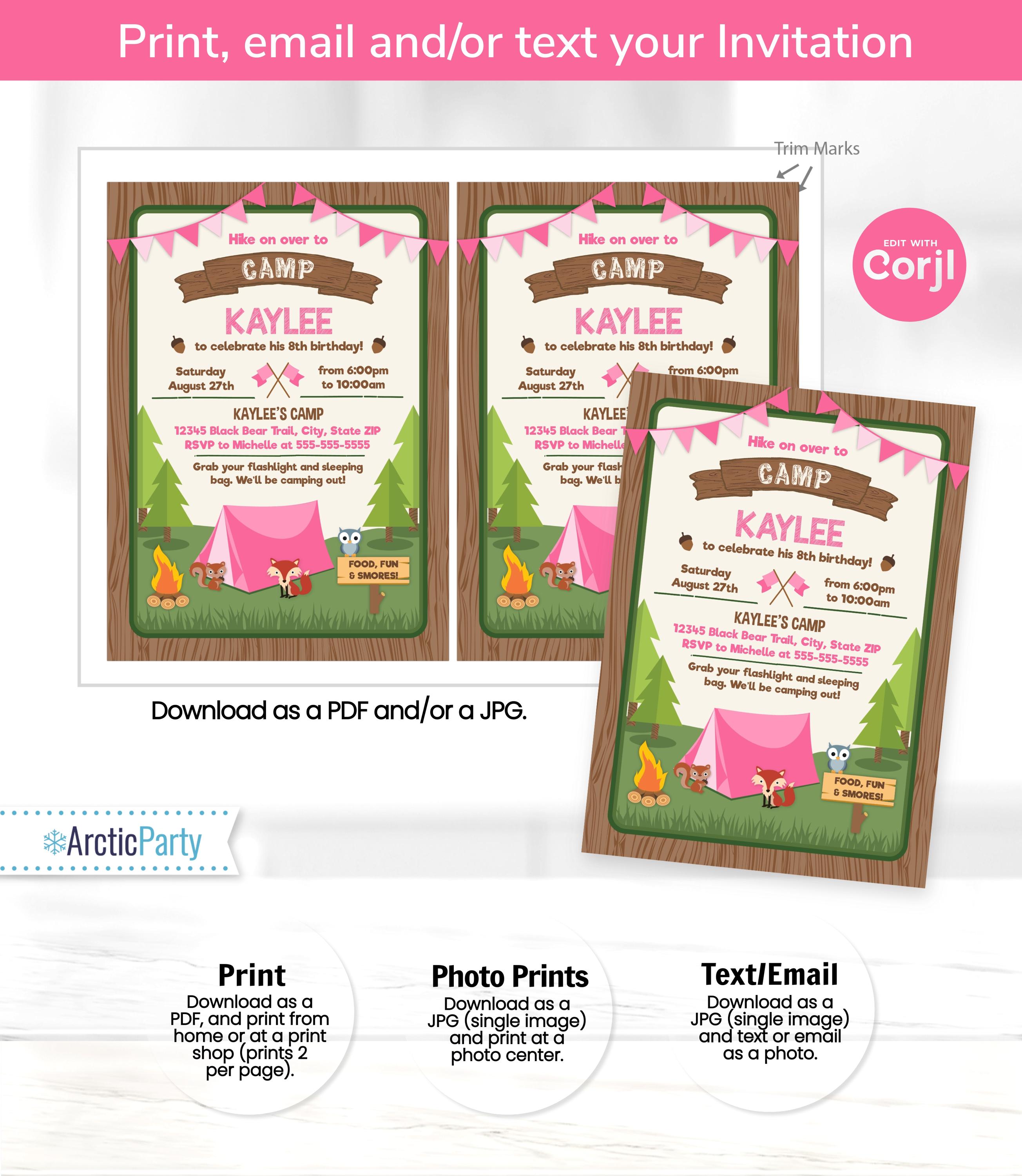 Camping Party Invitations for Girls - Camping Birthday Invitations ...