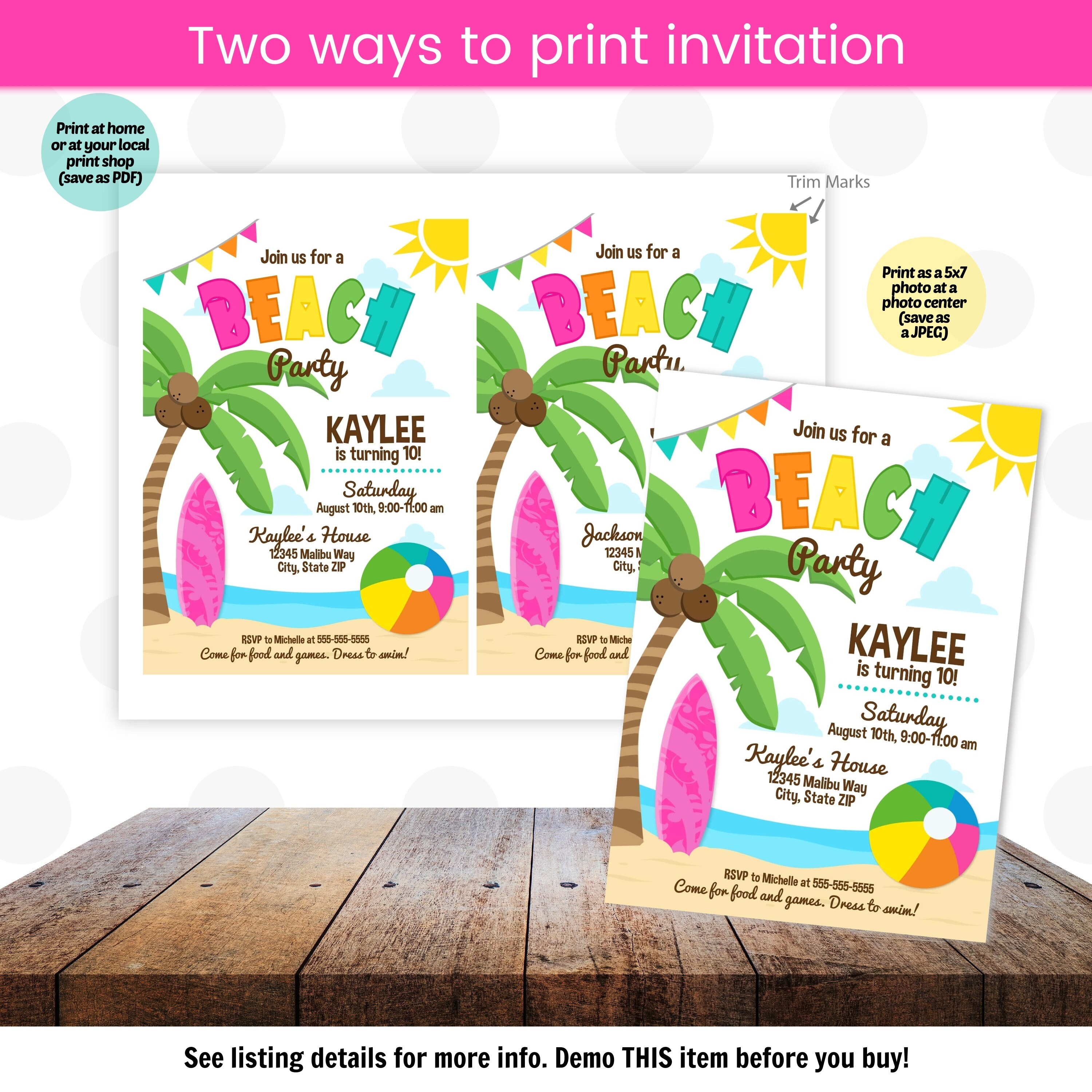 Beach Party Invitations Beach Theme Party Pink Beach - Etsy