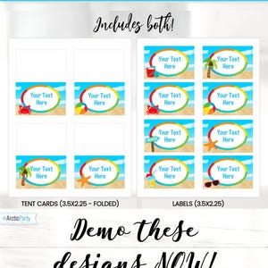 Pool Party Labels - Beach Party Labels - Sandy Beach Buffet Tent Cards ...