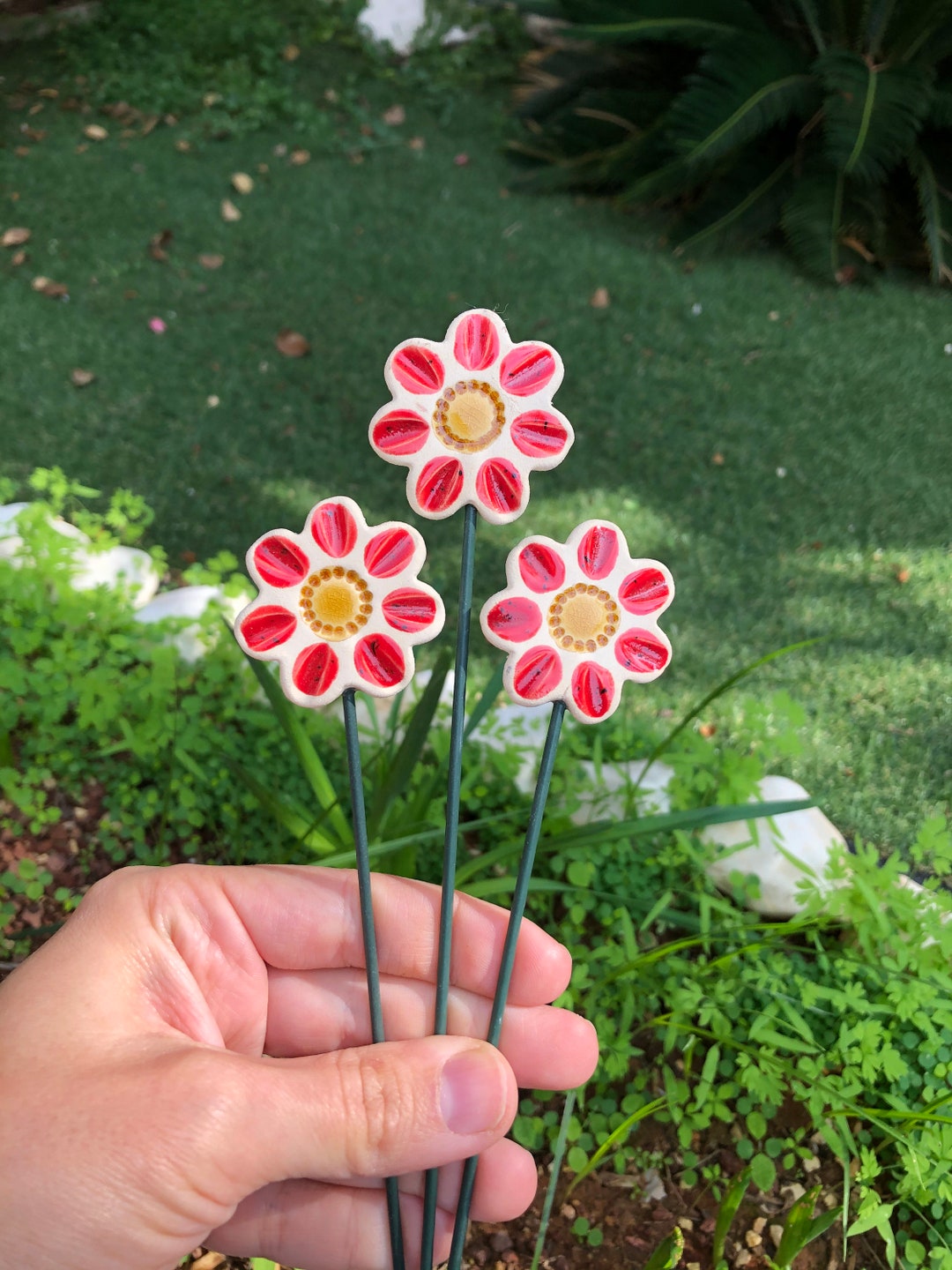 Ceramic Flowers Plant Markers (set of 3), Red, Planter Decor, Garden ...