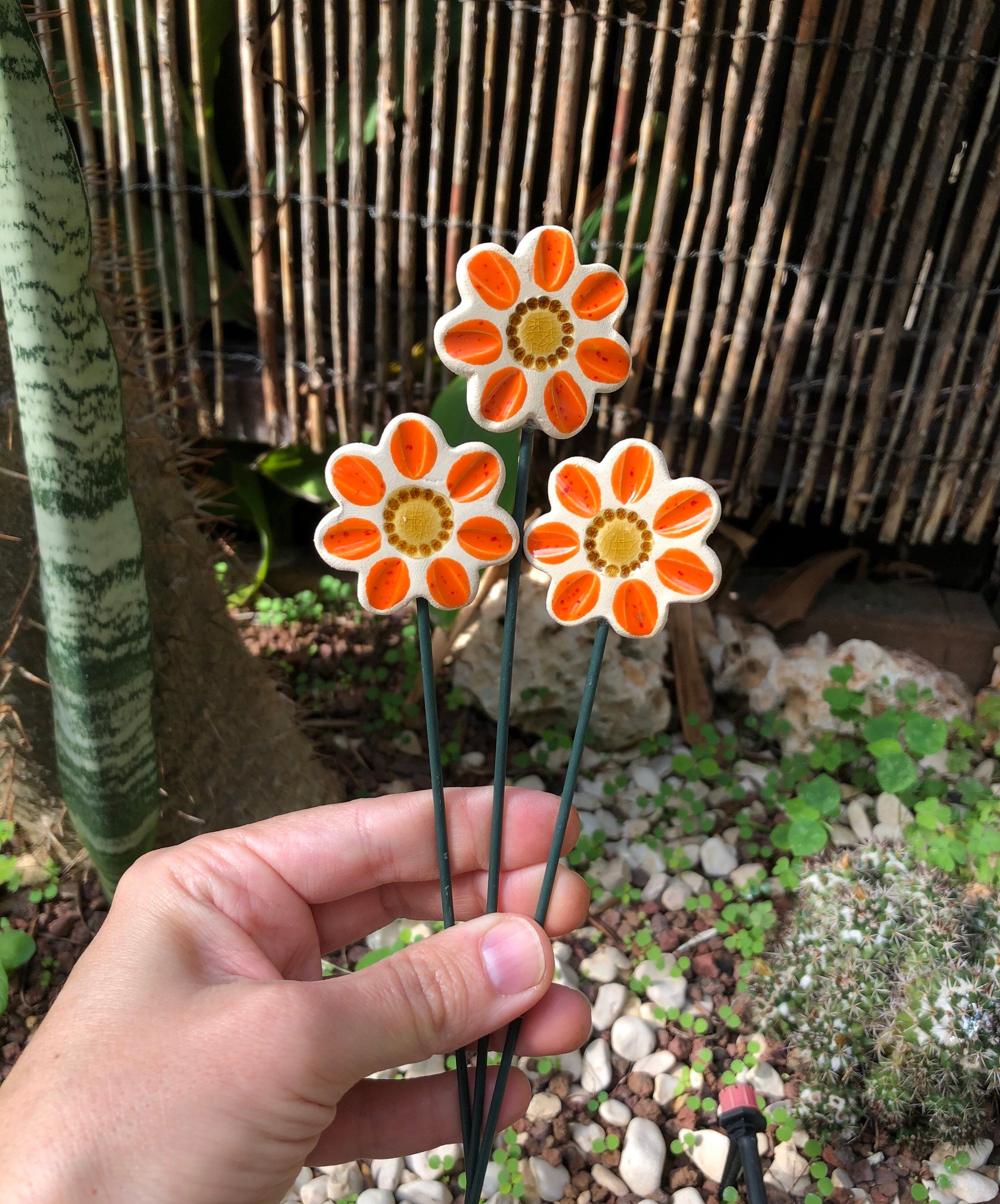 Ceramic Flowers Plant Markers set of 3 Orange Garden | Etsy