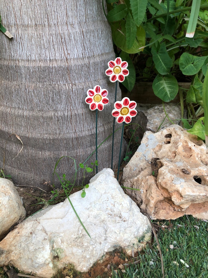 Red Ceramic Flower Plant Markers (set of 3): Garden Decor - Etsy