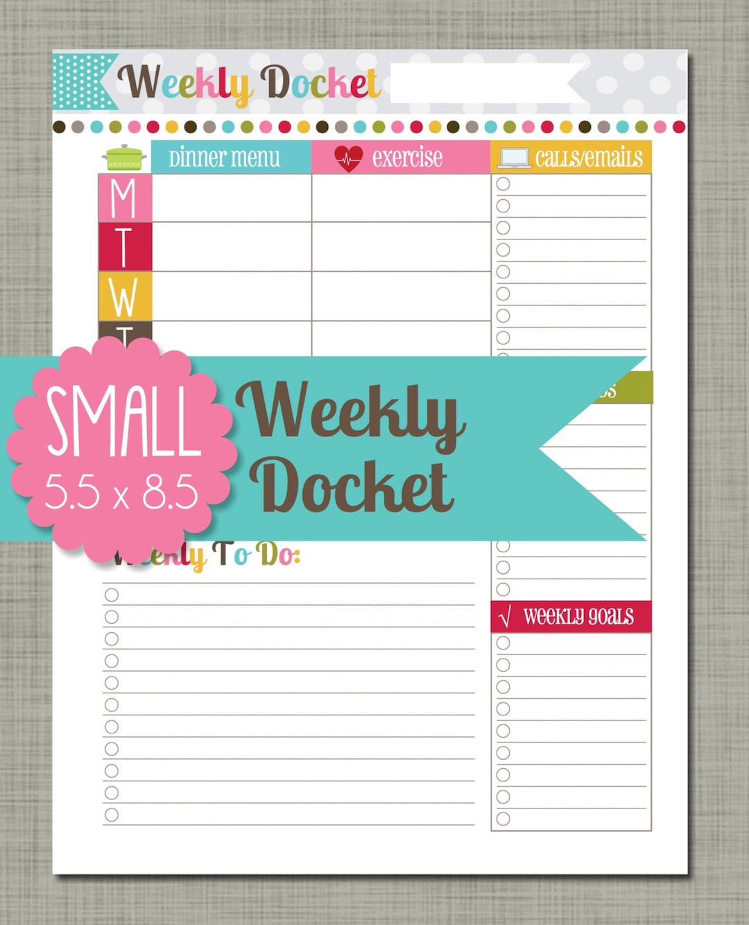 Small {printable} Weekly Docket - Sized 5.5 X 8.5" PDF - Etsy