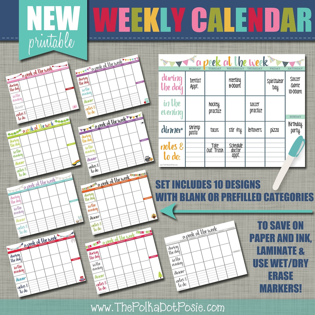 NEW Weekly Printable Calendar - Wall Calendar - Set of 10 Designs ...