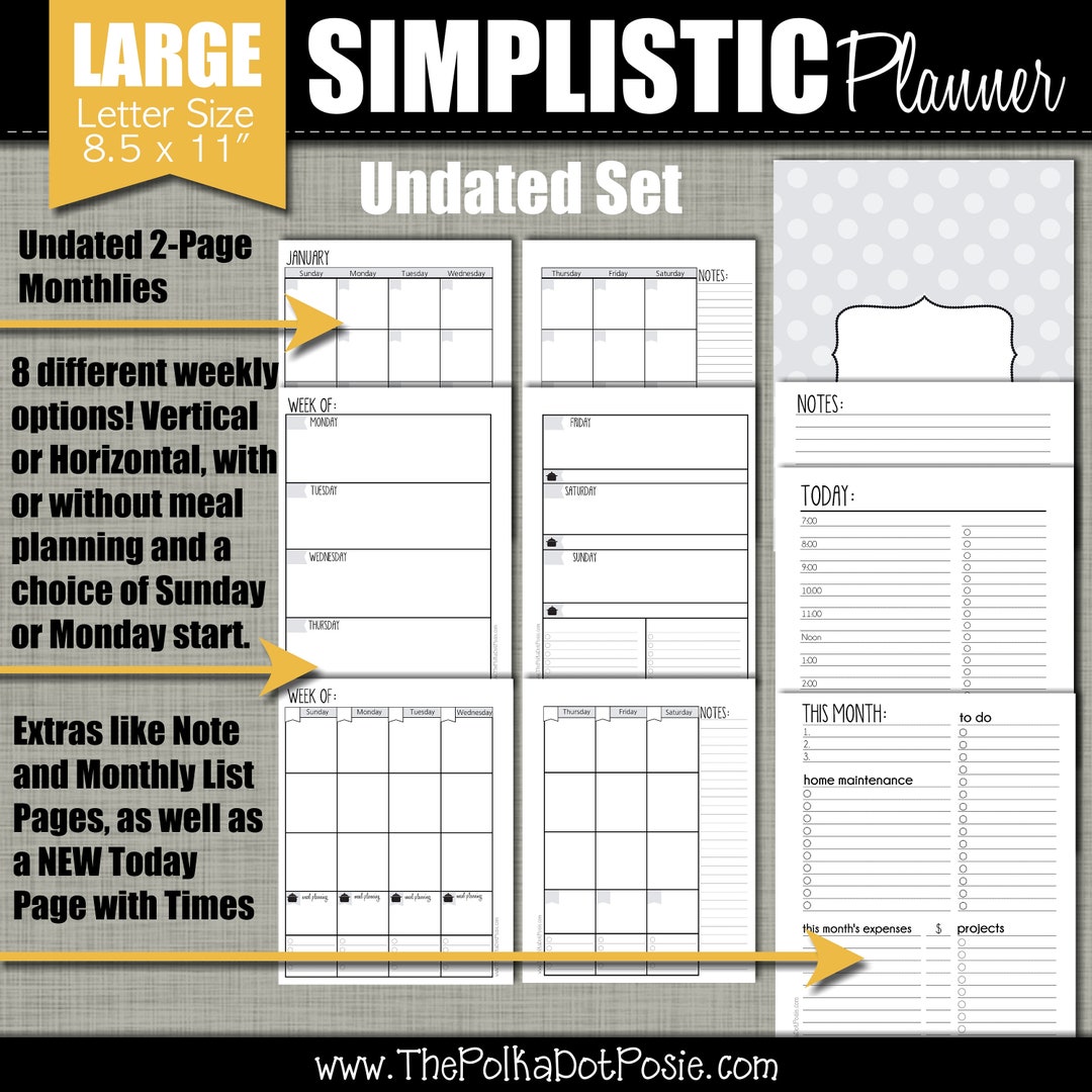 UNDATED Printable Monthly Planner - Simplistic Design - Sized Large 8.5 ...